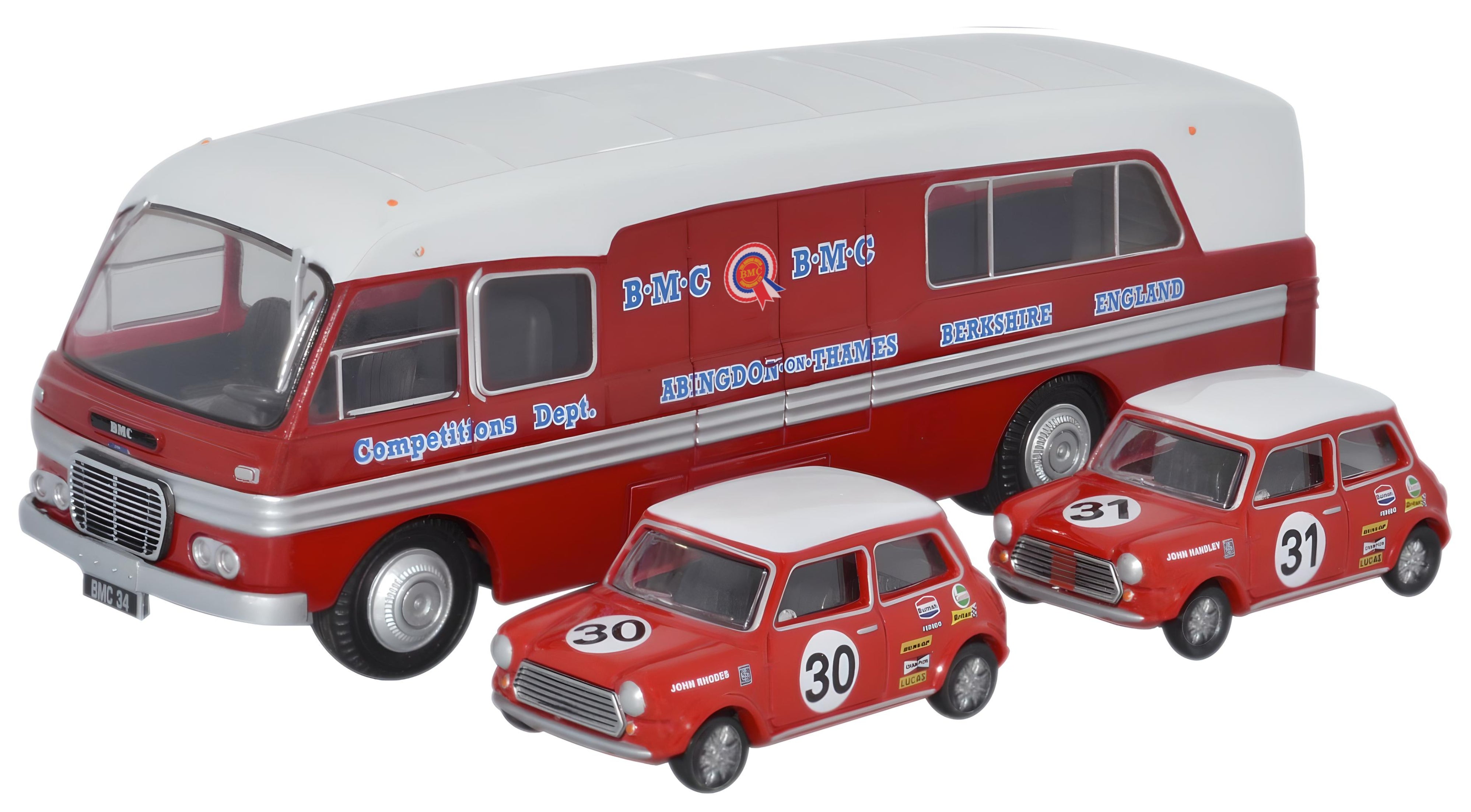 Oxford Diecast BMC Car Transporter & Two Minis BMC Competitions Dept 1