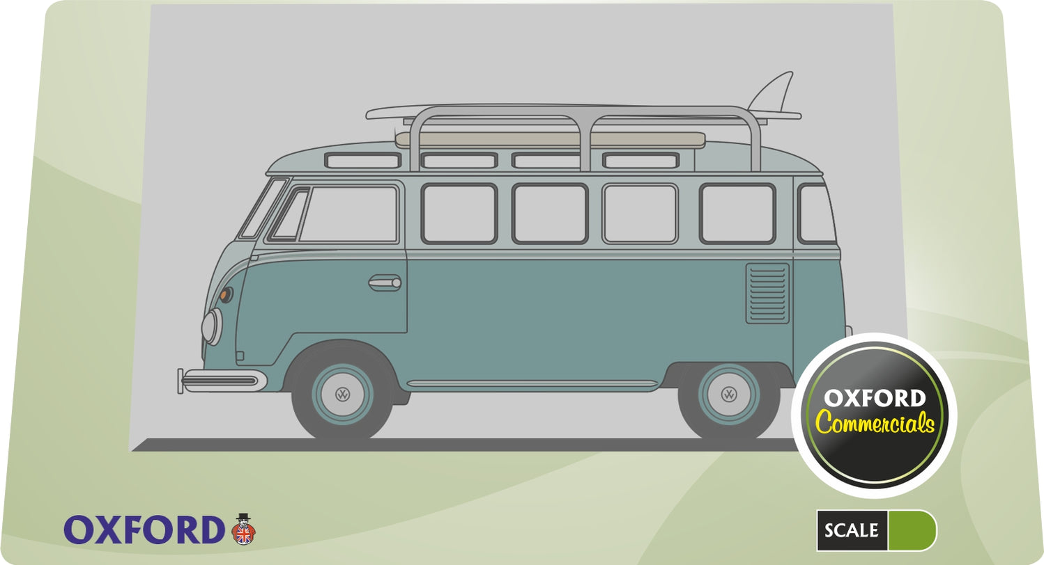 OXFORD DIECAST 1:76 Scale VW T1 Samba Bus/Surfboards Turquoise/Blue ...